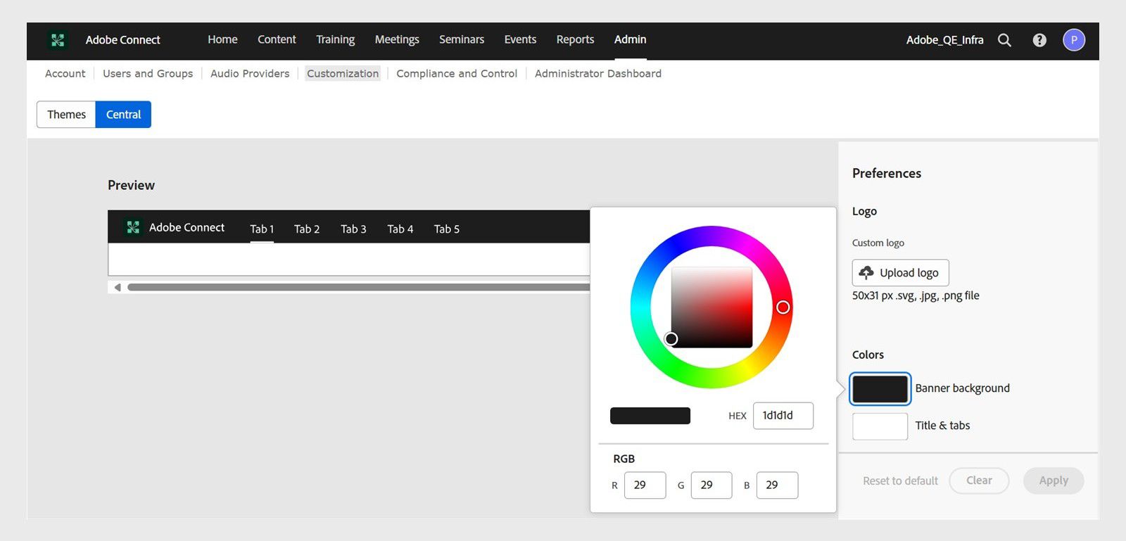 Customize Adobe Connect Central with your organization's branding.